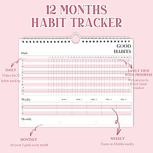 Habit Tracker Journal - Habit Tracker Calendar & Goal Tracker with Spiral Binding–Undated Weekly and Monthly Habit Tracker Planner to Boost Productivity with Habits Goals, 12Months, 8.5"x11” Pink