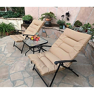 Omelaza 3 Pieces Patio Padded Folding Chair, Outdoor Adjustable Reclining Lounge Chairs with Tempered Glass Table (Beige)