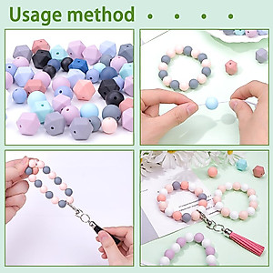 Vellibring 121 PCS Silicone Beads for Keychain Making Kit,12mm 15mm Round 14mm Polygonal Rubber Beads Multicolor Bulk Silicone Loose Beads for DIY Necklace Bracelet Jewelry Making Supplies