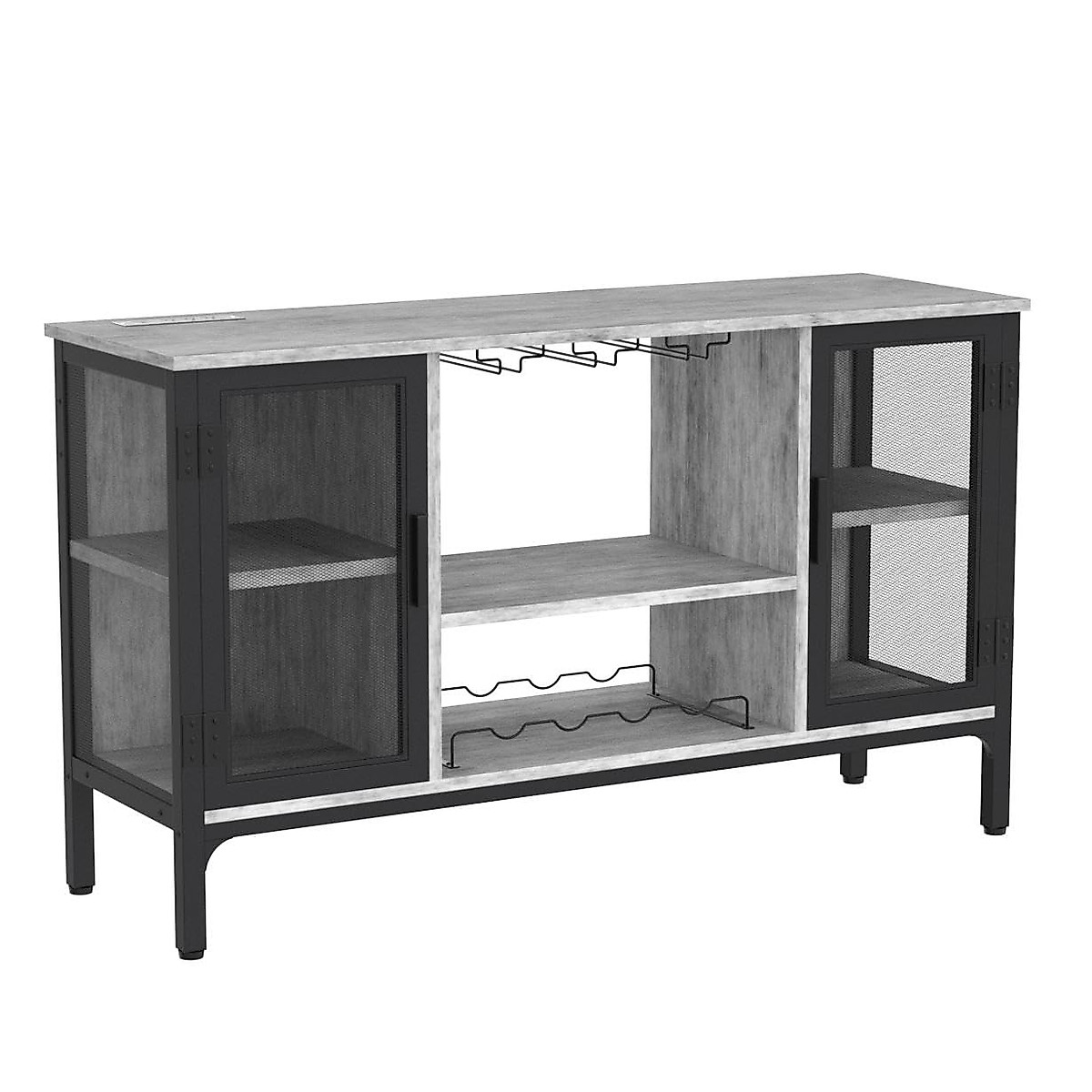 Homieasy Wine Bar Cabinet with Led Lights and Power Outlets, Industrial Coffee Bar Cabinet for Liquor and Glasses, Farmhouse Bar Cabinet with Removable Wine Racks, Light Oak