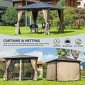 Domi 10’ x 10’ Hardtop Gazebo Canopy Outdoor Aluminum Gazebo, Galvanized Steel Single Roof with Curtains and Netting for Deck, Backyard, Patio, Garden