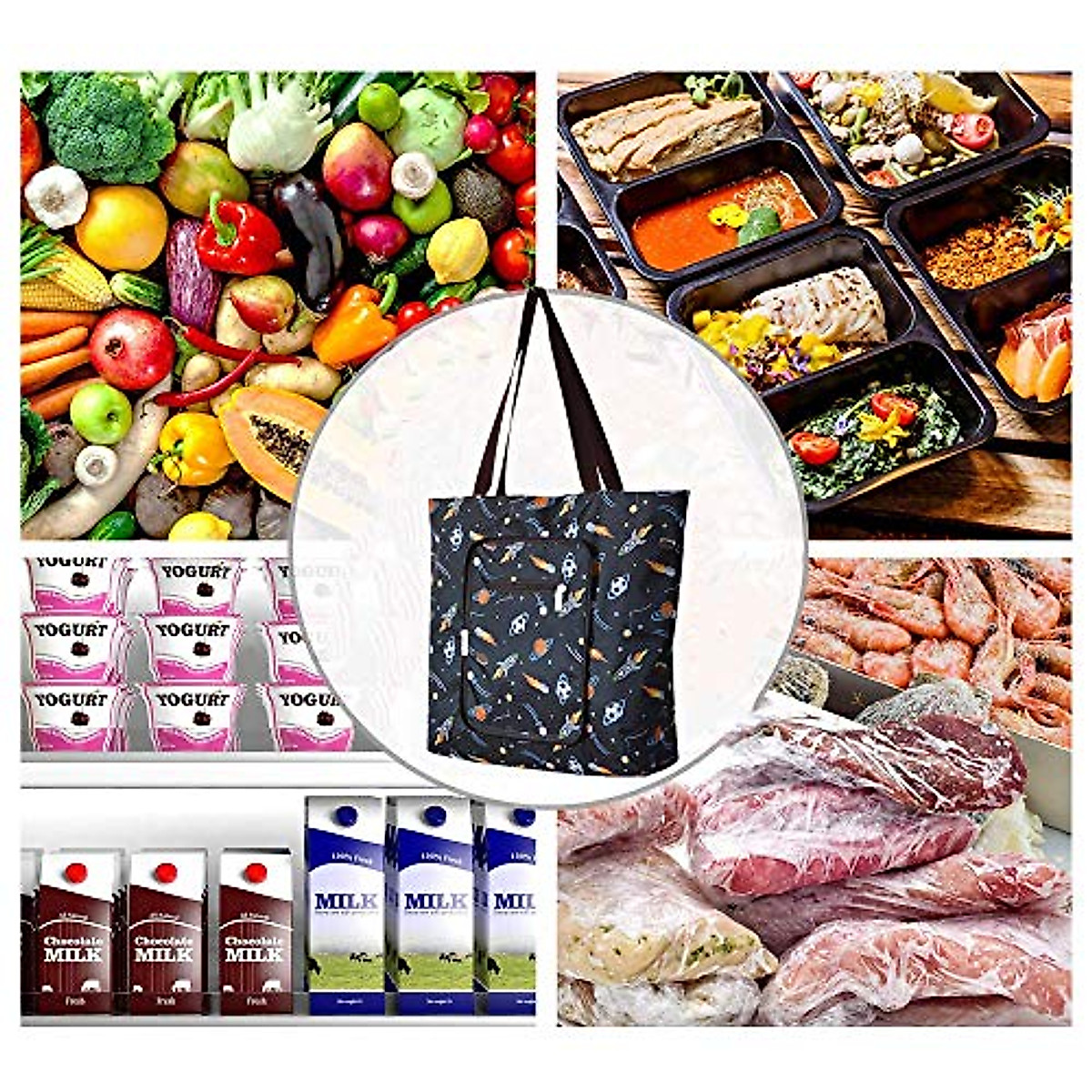 Reusable Grocery Shopping Bags Set of 2 Recycling Shopping Totes with Long Handles Foldable Washable Heavy Duty Large Waterproof Shopper Baggies With Zipper Large Daily Use Bags For Working Traveling…