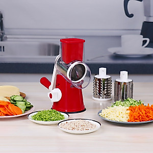 Ourokhome Rotary Cheese Grater Hand Crank, Kitchen Shredder Speed Mandolin Slicer Nut Grinder with Handle and Drum Blades for Cheese, Vegetable, Walnut, Chocolate, Potato, Carrot, 3 Blades, Red