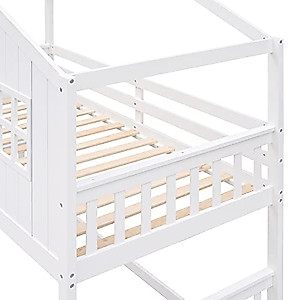 Yehha Twin Over Twin House Bunk Bed for Kids, Heavy Duty Wooden Bed w Roof and Windows, 75° Inclined Ladder, Guard Rails for Girls Boys Bedroom, White