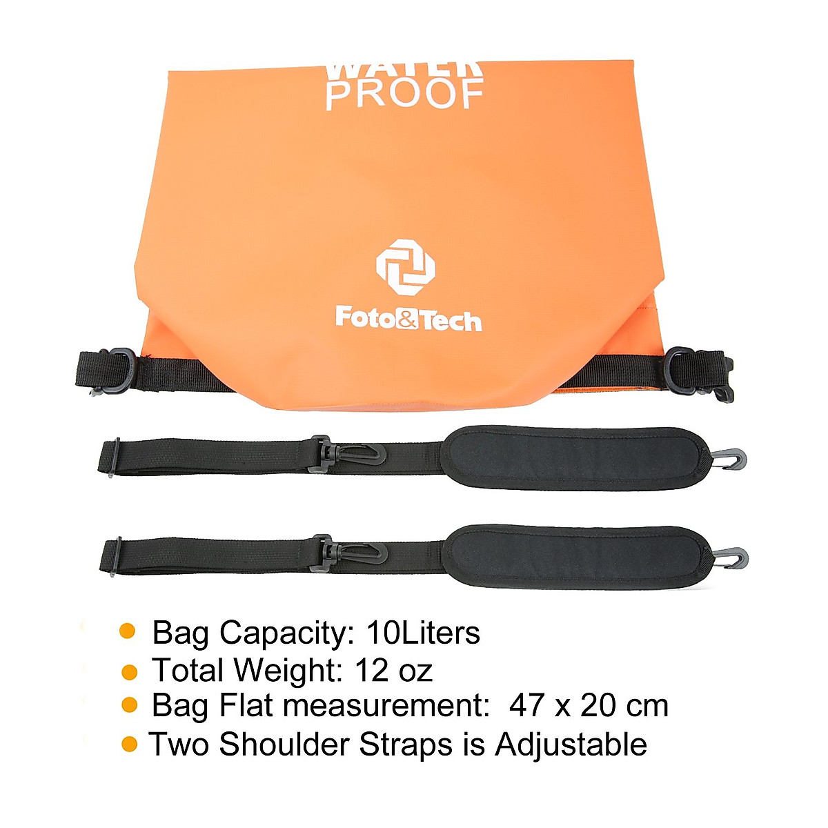 Foto&Tech Orange 10LT Waterproof Dry Bag Roll Top Dry Compression Sack Floating Dry Gear Bag Storm Sack+Backpack Style Padded Shoulder Straps for Kayaking/Boating/Beach/Rafting/Hiking/Camping/Fishing