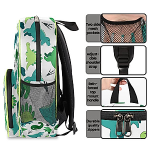 Dinosaur Backpack, Green Dinosaur Footprint Toddler Backpack for Boys 14.2 In, Waterproof Casual Daypack Preschool Backpack Kindergarten School Mini Bookbag with Chest Strap, Durable for Kids Student