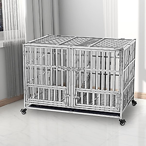 RyBuy 48" Heavy Duty Dog Cage Foldable Stackable Stainless Steel Kennel Cage for Small Dogs with Floor Grid, Tray, Divider
