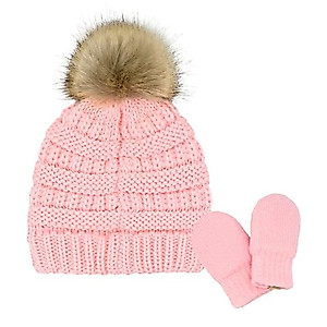 C.C Babies' Winter Cable Knit Beanie and Fuzzy Lined Mitten Set, Faux Fur Pom Pale Pink