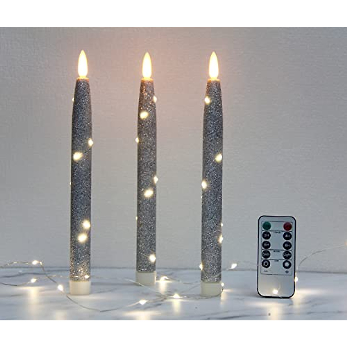 CFDECOR Flameless Glitter Taper Candles with Embedded String Lights, Battery Operated Candle with Timer & Remote, LED Tapered Dinner Candle. for Xmas, Dining, Wedding Décor,Set of 3 (Silver) H: 10"