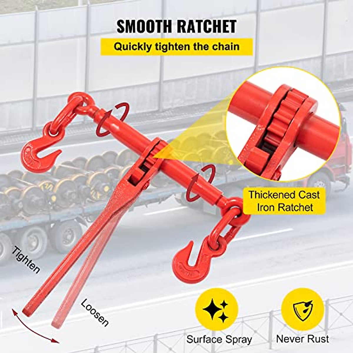 VEVOR Chain Load Binder, 5/16" Tie Down Kit w/ 6600LBS Working Load Capacity and Two Grab Hooks, Includes (4) Ratchet Binders - (4) 21' Grade 80 Chains, Transport Load Package for Hauling, Towing