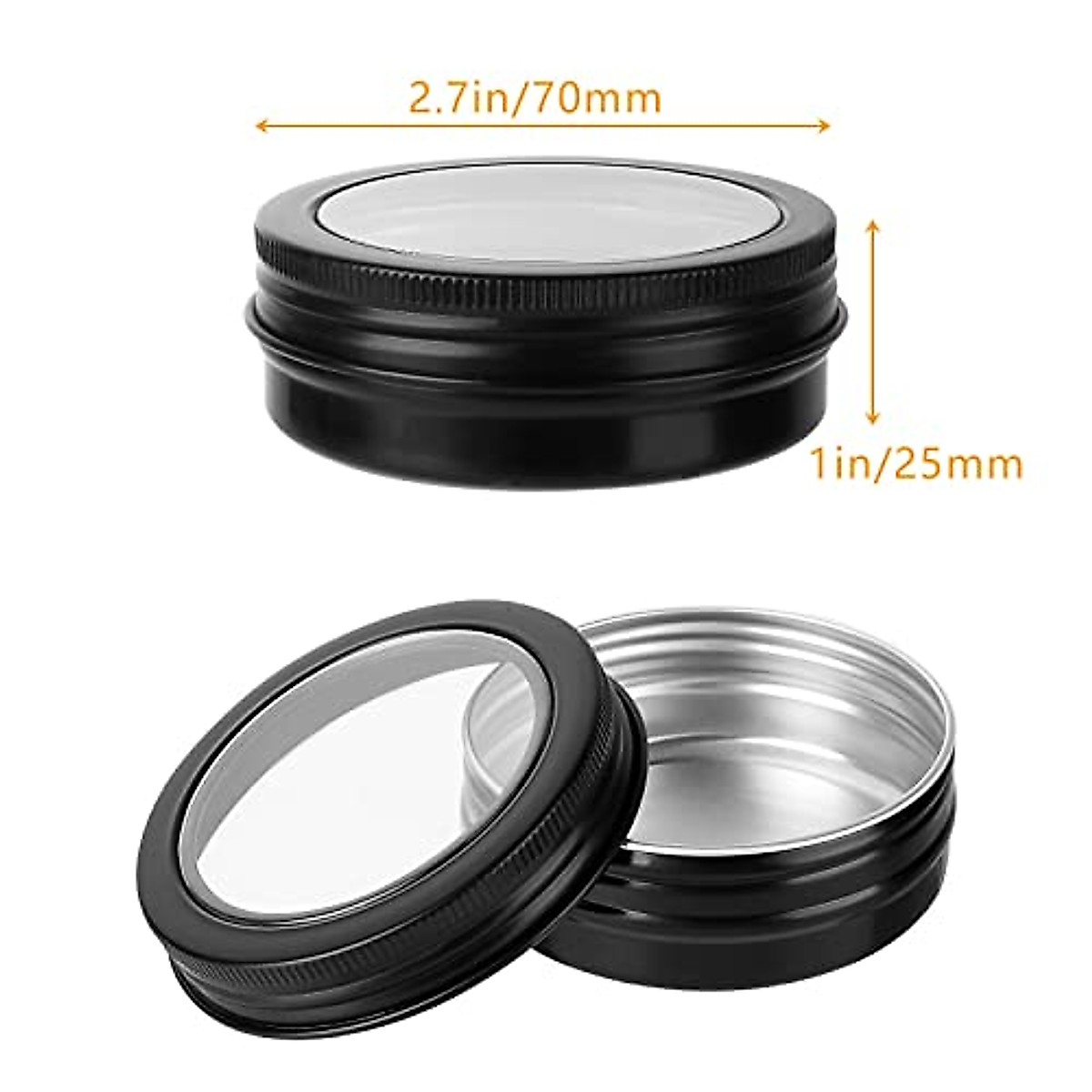 DAJAVE 30 Pack 2 Ounce Round Tin Cans, Black Round Tins Screw Lids Tin Cans with Clear Window, Metal Tin Containers Empty Tin Cans for Storing Spices, Candies, Candles, Gifts