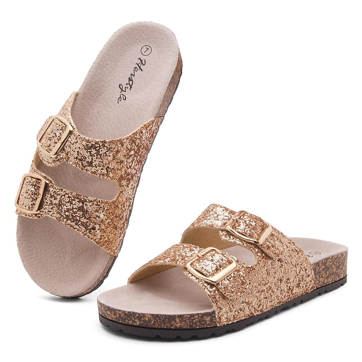 Herstyle Softey Women’s Flat Sandals Cork Footbed Slides Open Toe Slip-On Slippers with 2 Adjustable Straps Comfort Slides for Summer Vacation and Daily Wear, 1836RosegoldGlitterr, Size 9.0