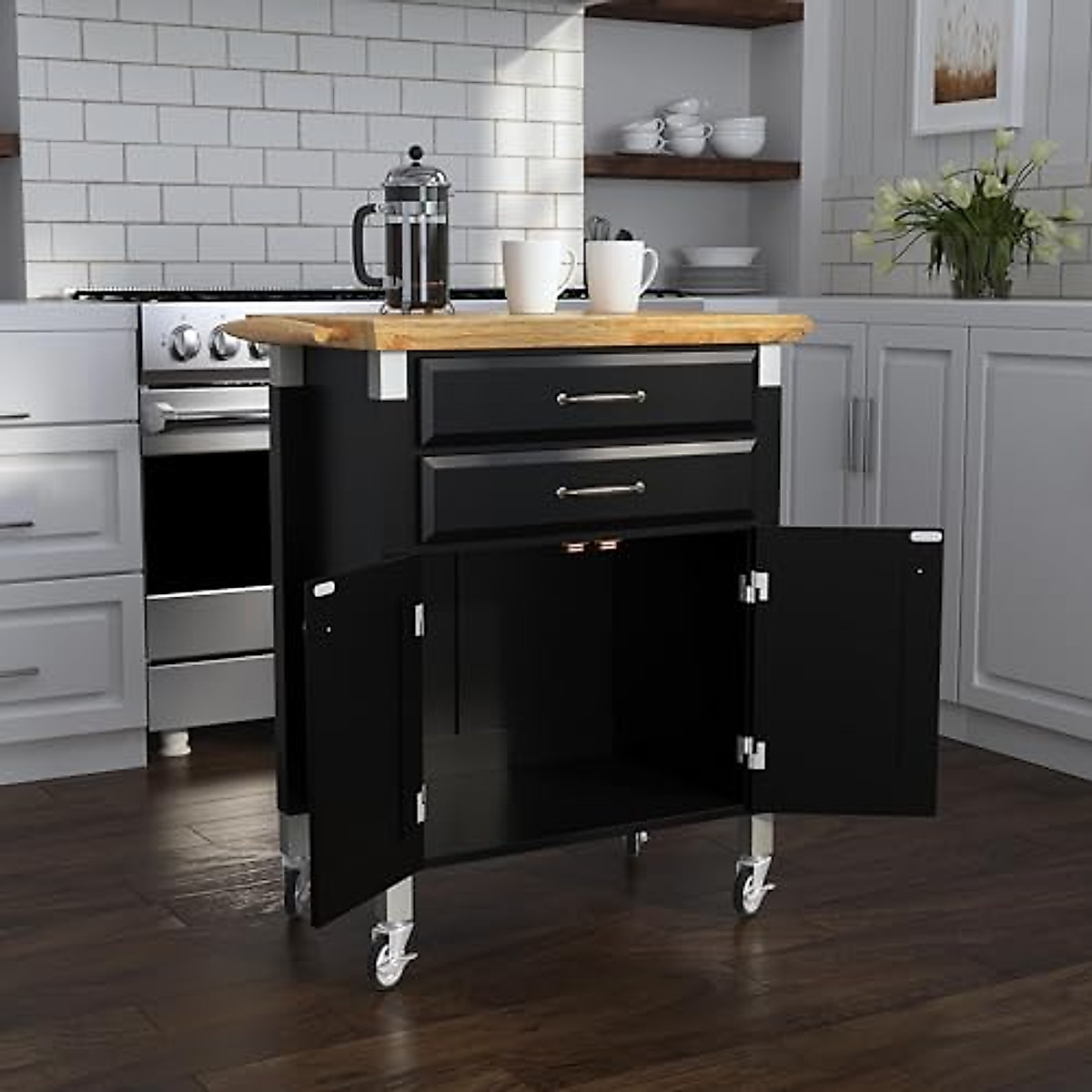Home Styles Black Dolly Madison Prep and Serve Kitchen Cart with Natural Top, Locking Casters, Two Drawers, Two Storage Cabinets