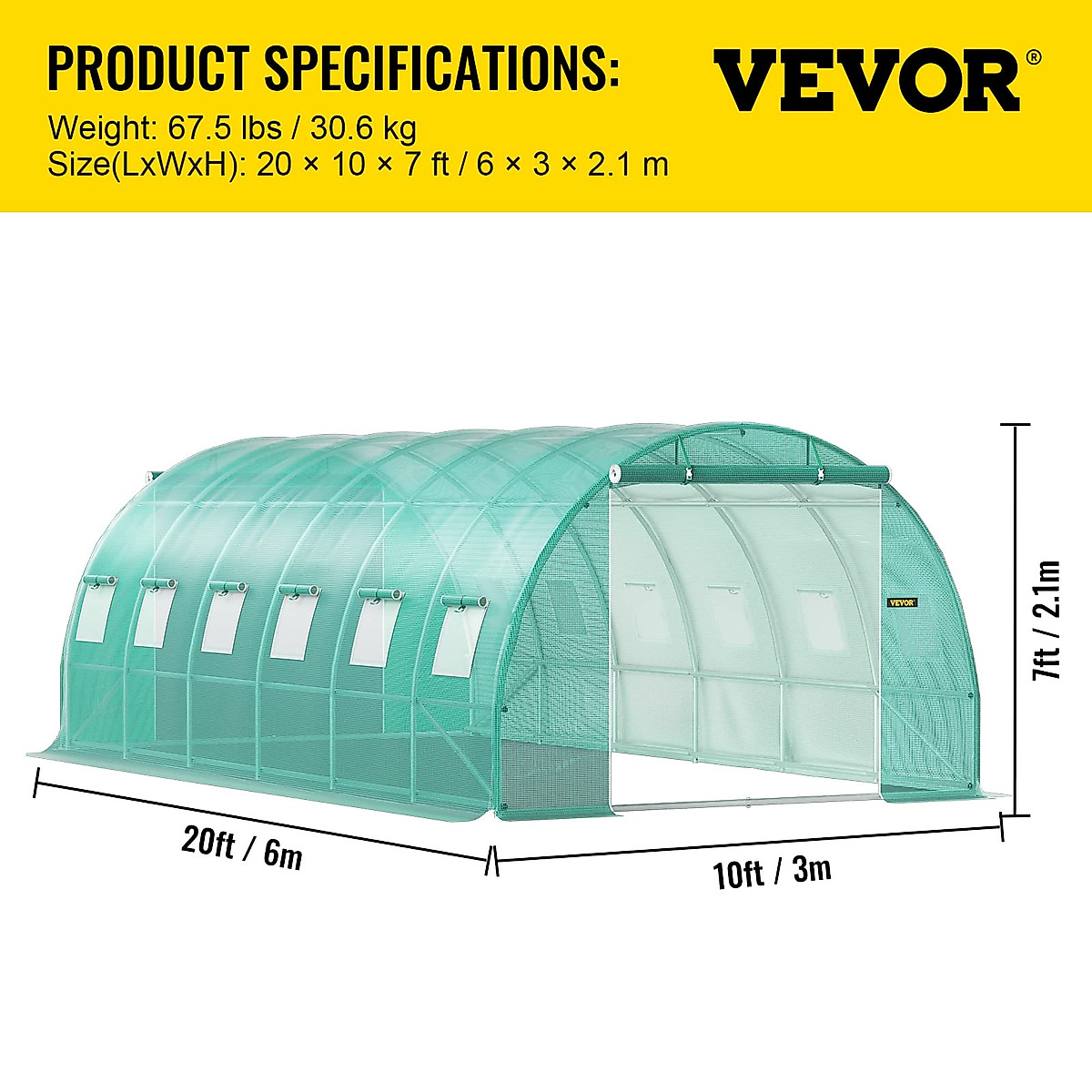 VEVOR Walk-in Tunnel Greenhouse, 20 x 10 x 7 ft Portable Plant Hot House w/Zippered Door, 12 Roll-up Windows, Galvanized Steel Hoops, 3 Top Beam, and 4 Diagonal Poles, Green