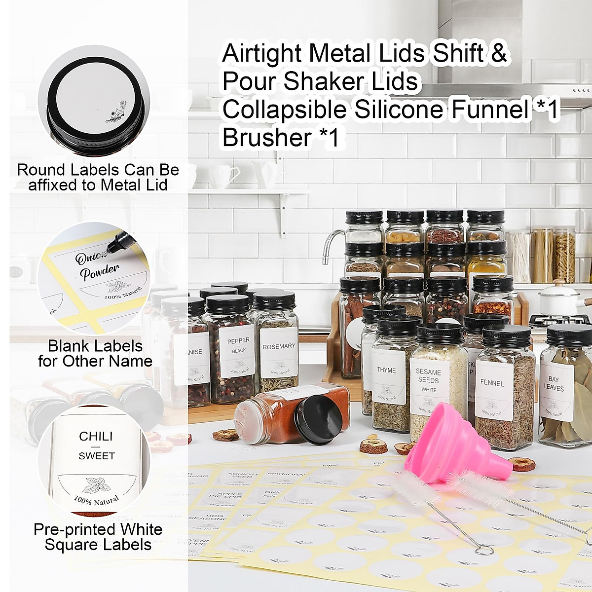 48 Pcs Glass Spice Jars with Labels and Black Lids 4oz Spice Container Set Seasoning Bottles with Blank and Printed Labels, Shaker Lids, Collapsible Funnel and Brush Included