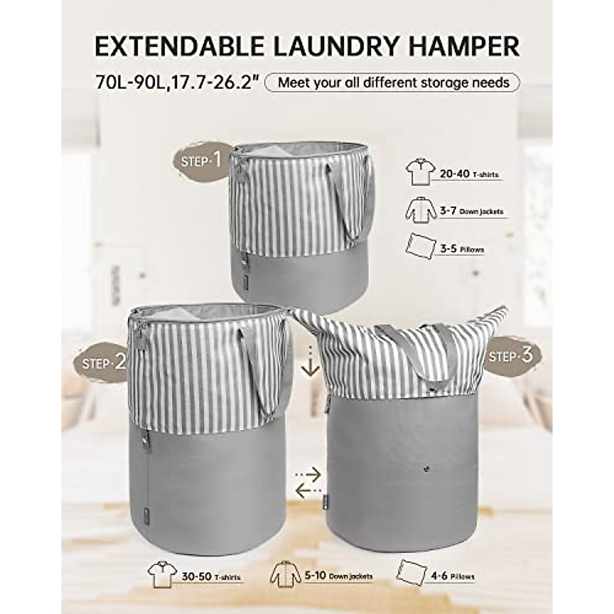 MULISOFT 90L Laundry Hamper with Handles & Zipper, Collapsible Large Laundry Basket, Foldable Clothes Hamper for Laundry, Dorm, Nursery, Bedroom, Travel, Storage for Toys, Blankets, Clothes, Grey