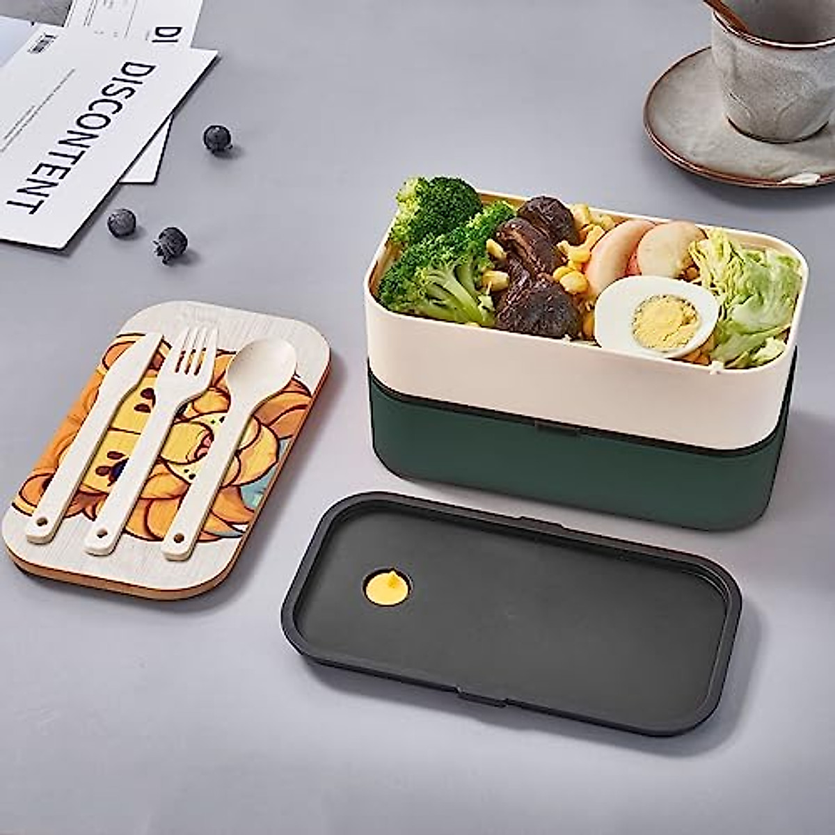 Cartoon Cute Little Lion Adult Lunch Box, Bento Box, With Cutlery Set Of 3, 2 Compartments, Rectangular, Lunch Box For Adults