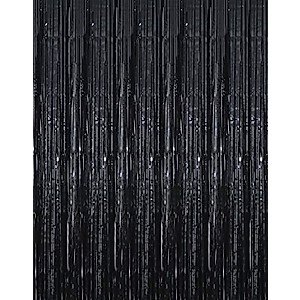 GOER 6.4 ft x 9.8 ft Metallic Tinsel Foil Fringe Curtains,Pack of 2 Party Streamer Backdrop for Birthday,Graduation Decorations and New Year Eve (Black)