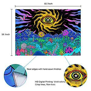 Uspring Blacklight Burning Sun Tapestry UV Reactive Sunset Mushroom Tapestry Hippie Eyes Tapestries Ocean Plant Tapestry Aesthetic Mountain Tapestry Wall Hanging for Bedroom(59.1 x 82.7 inches)