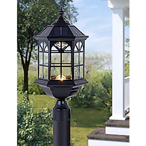 GYDZ Solar Post Light Fixture Outdoor Solar Pier Light, Solar Lamp Post Light for Garden, Patio, Vintage Design Die Cast Aluminum Post Light in Oil-Rubbed Black with Clear Glass, Hard Wired Available