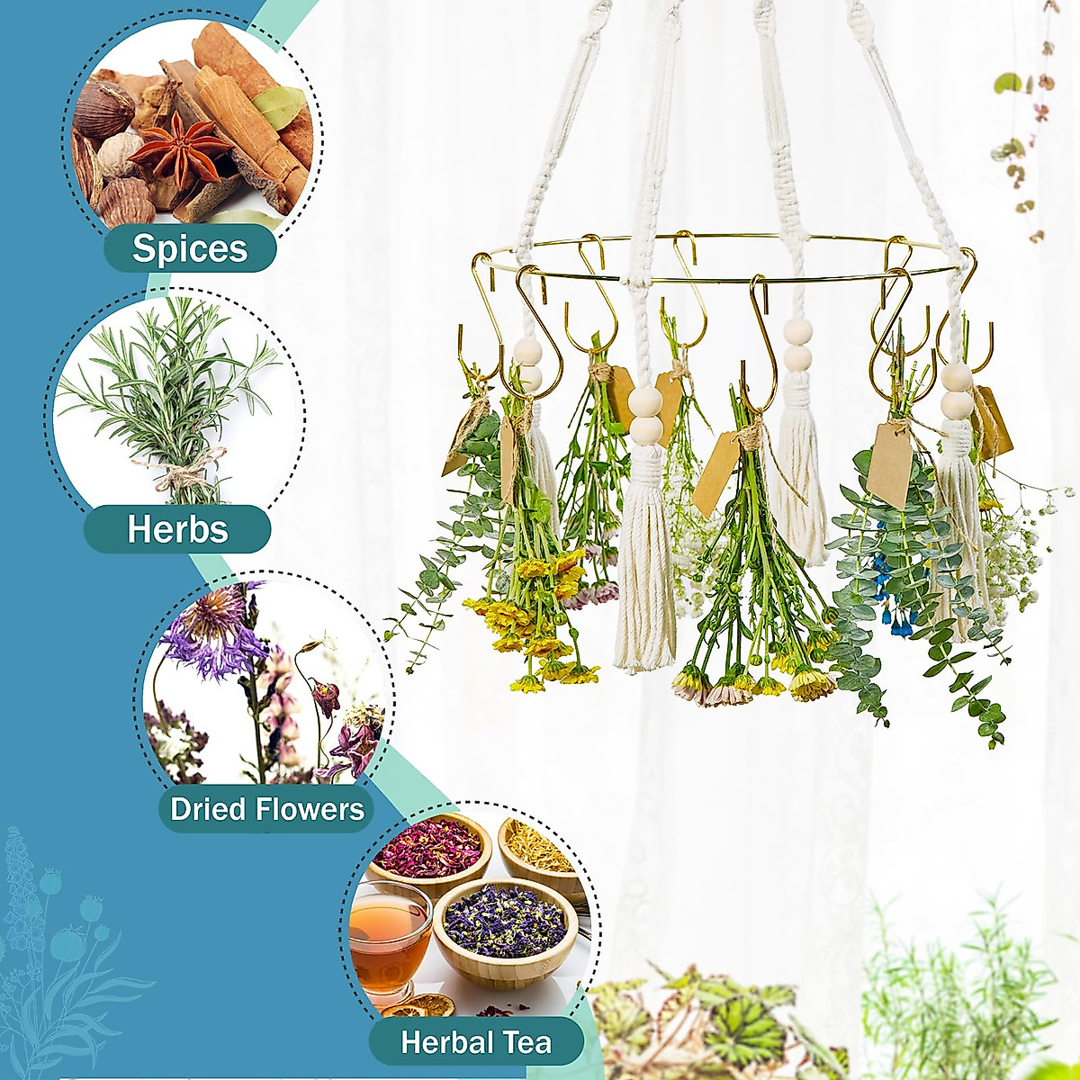 PROTITOUS 2pack Herb Drying Rack with 20pcs Golden Herb Dryer Hooks and 25PCS Brown Gift Tags and 32ft Natural Jute Twine herb Dryer,herb Dryer,Hanging Herb Dryer Rack(tassels style)