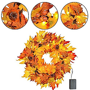 MorTime Thanksgiving Wreath with LED Lights Pumpkin Pinecones Red Berries Maple Leaves, 17" Harvest Day Themed Hanging Silk Fall Door Wreath Welcome Sign for Garden Gate Home Thanksgiving Decorations