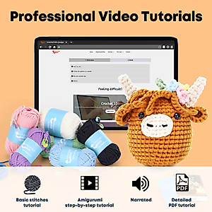 Crochet Kit for Beginners: Highland Cow Crochet Kit, Starter Crochet Kit, Include Easy Knitting Soft Yarn, Step-by-Step Video Tutorial, Hook, Birthday Gift for Adults and Kids(30%+ Yarn)