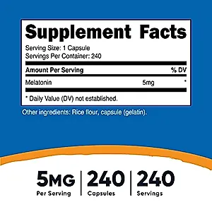 Nutricost Melatonin 5mg, 240 Capsules - 5mg Per Serving, Non-GMO, Gluten Free