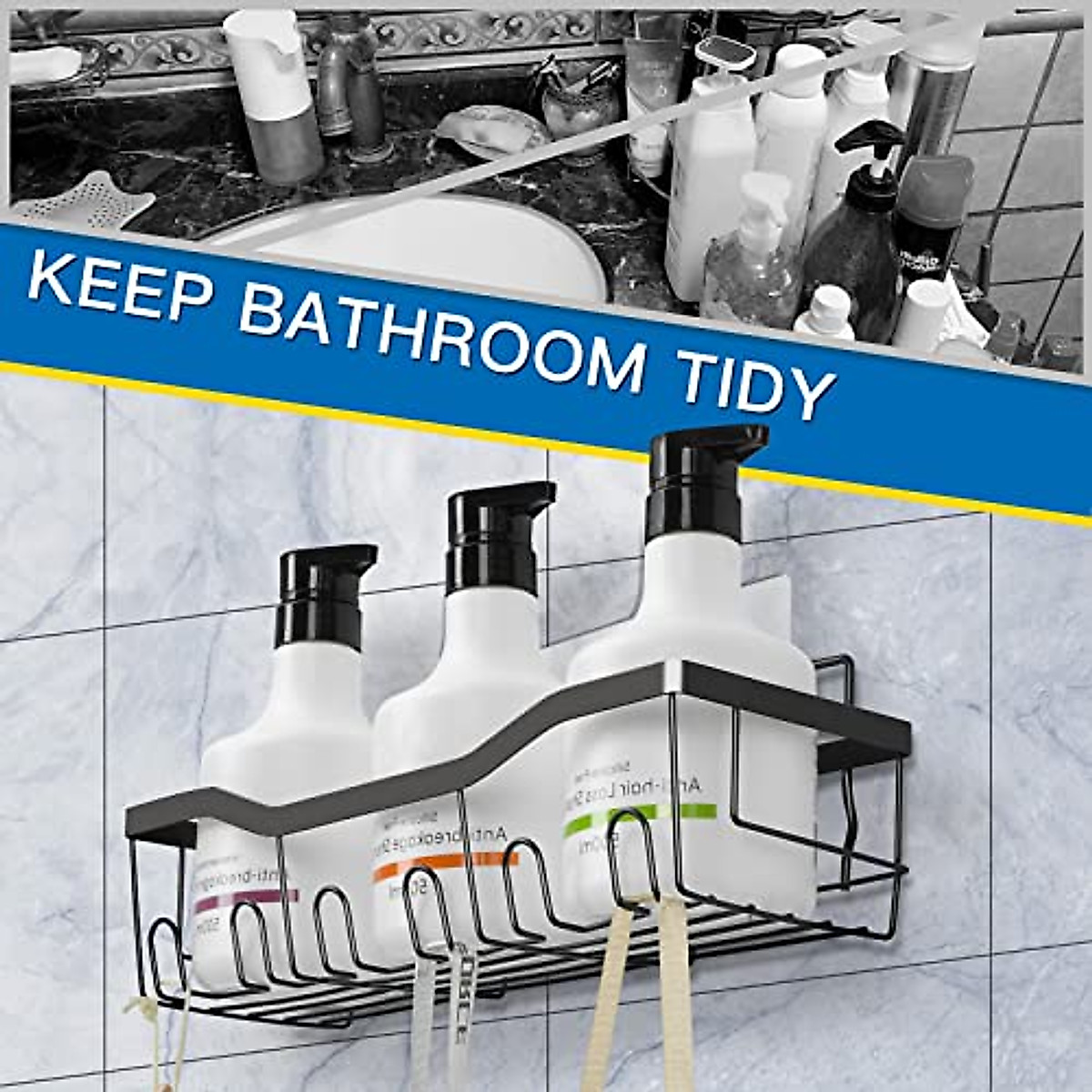 HUGSEE Shower Caddy Adhesive Shower Shelves 5 Pack Bathroom Caddy for Shower Organizer Storage Shower Shelf No Drilling with Soap Toothbrush Holder, Shower Rack for Inside Shower Kitchen Storage Black