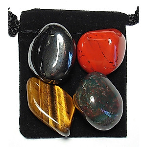 MANIFEST PROTECTION - Professionally Selected Tumbled Crystal Healing Set with Pouch & Description Card - Bloodstone, Hematite, Jasper, & Tiger's Eye Genuine Gemstones