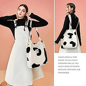 Corduroy Tote Bag for Women Girls Shoulder Bag with Inner Pocket For Work Beach Lunch Travel Shopping Grocery (Cows White, 1 Pcs)