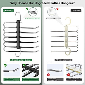 DOIOWN Pants Hangers Space Saving: 2 Pack 6 Tier Open Ended Pants Hangers for Men Women, Non Slip Black Hangers for Pants, Jean, Trouser, Scarf, Multiple Hangers in One, Closet Organizers and Storage