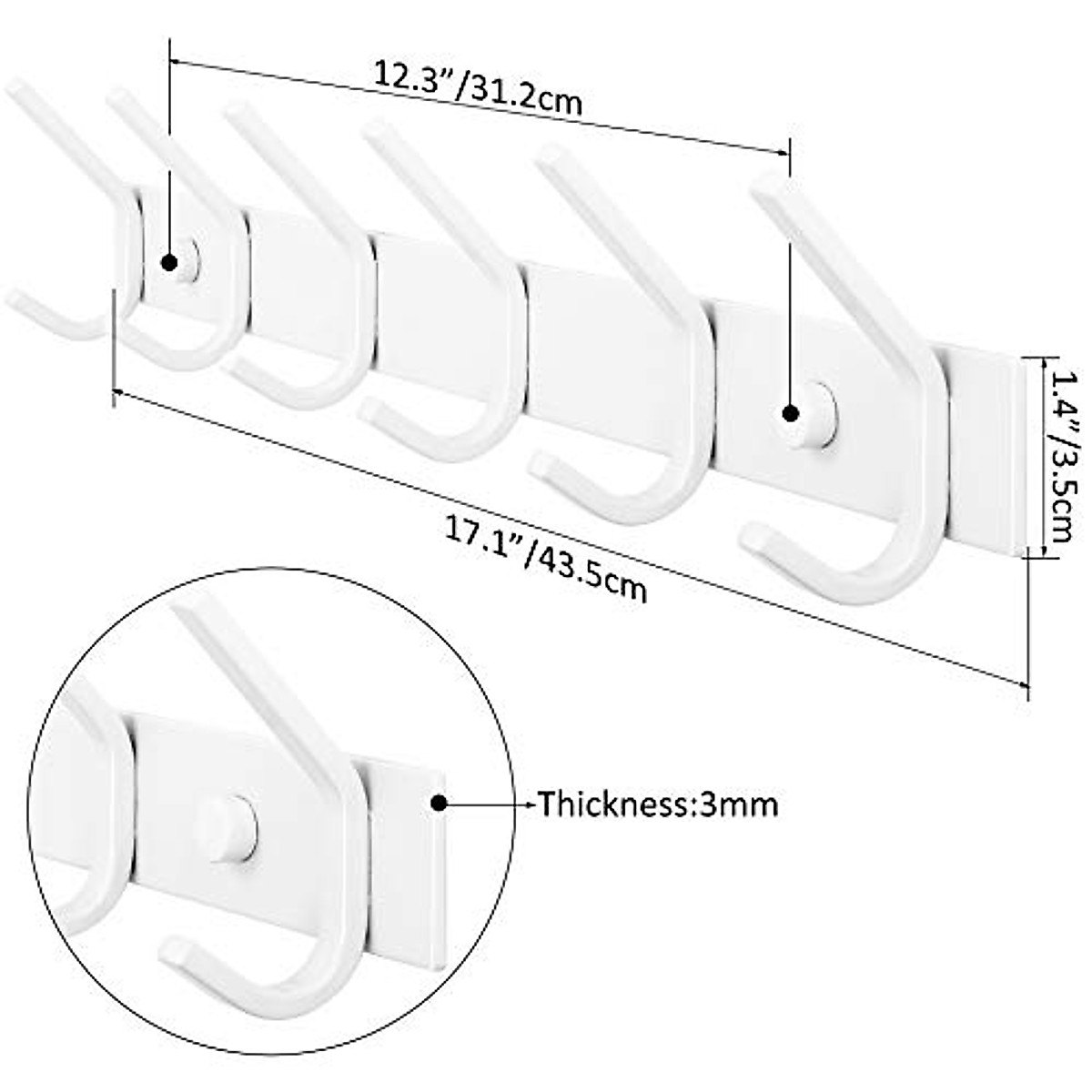 WEBI Coat Rack Wall Mounted,Coat Hooks Wall Mounted White,Coat Hanger Wall Hook Rack,6 Hooks for Hanging Coats,Hats,Jacket,Clothes
