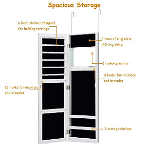 Giantex Wall Door Mounted Mirrored Jewelry Cabinet Jewelry Armoire Storage Organizer with Full Length Mirror Jewelry Cabinets (White)