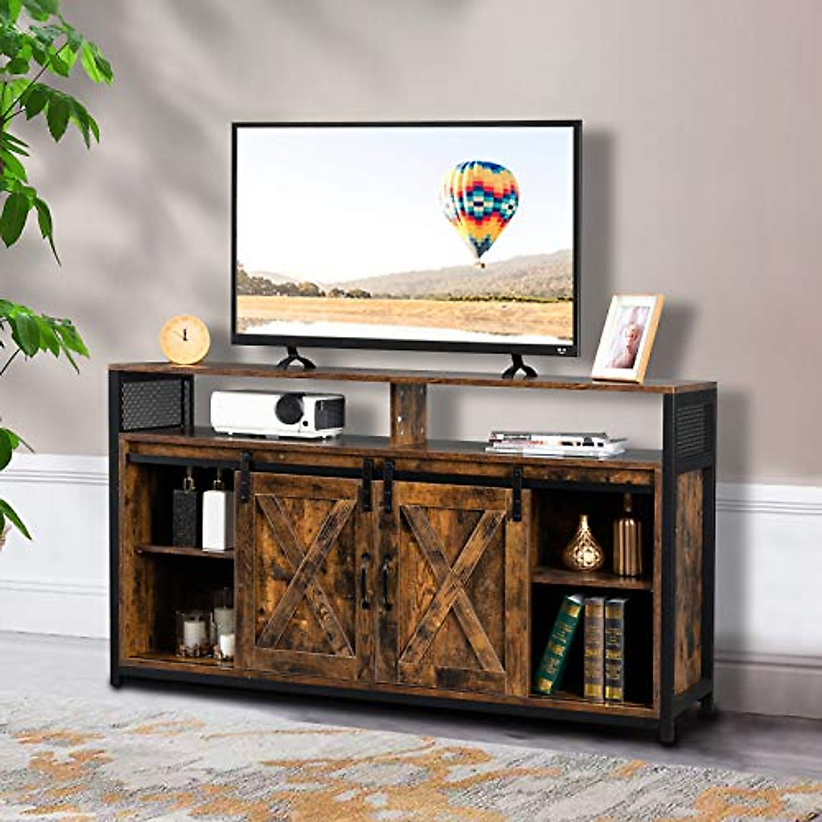 VINGLI Farmhouse TV Stand with Sliding Barn Doors for 65+ Inch TV Flat Screen, Rustic Entertainment Center Media Console Table Cabinet w/Adjustable Shelves (Rustic Brown)