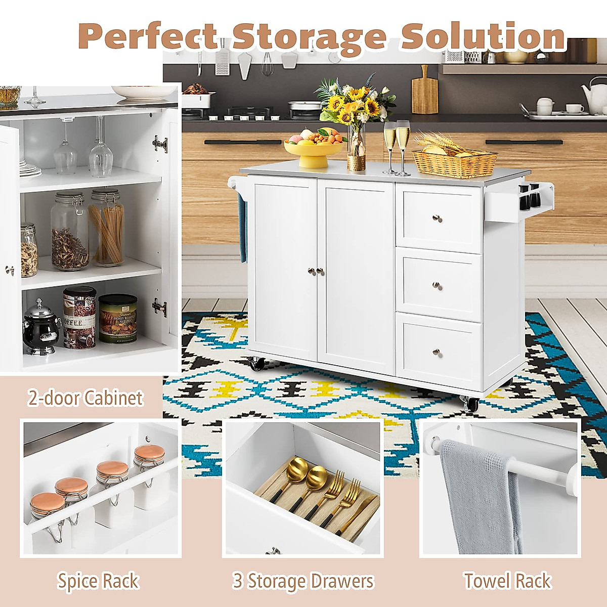 COSTWAY Kitchen Island cart on Wheels, Mobile Serving Cart w/Stainless Steel Countertop, 3 Drawers, 2-Door Cabinet, Adjustable Shelves, Towel Holder & Spice Rack, Utility Trolley on Wheels, White