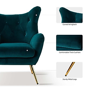 HULALA HOME Velvet Accent Chair, Set of 2 Modern Wingback Armchair with Metal Gold Legs, Tufted Upholstered Tall Back Side Chair for Living Room Bedroom, Home Office Reading Chair, Teal