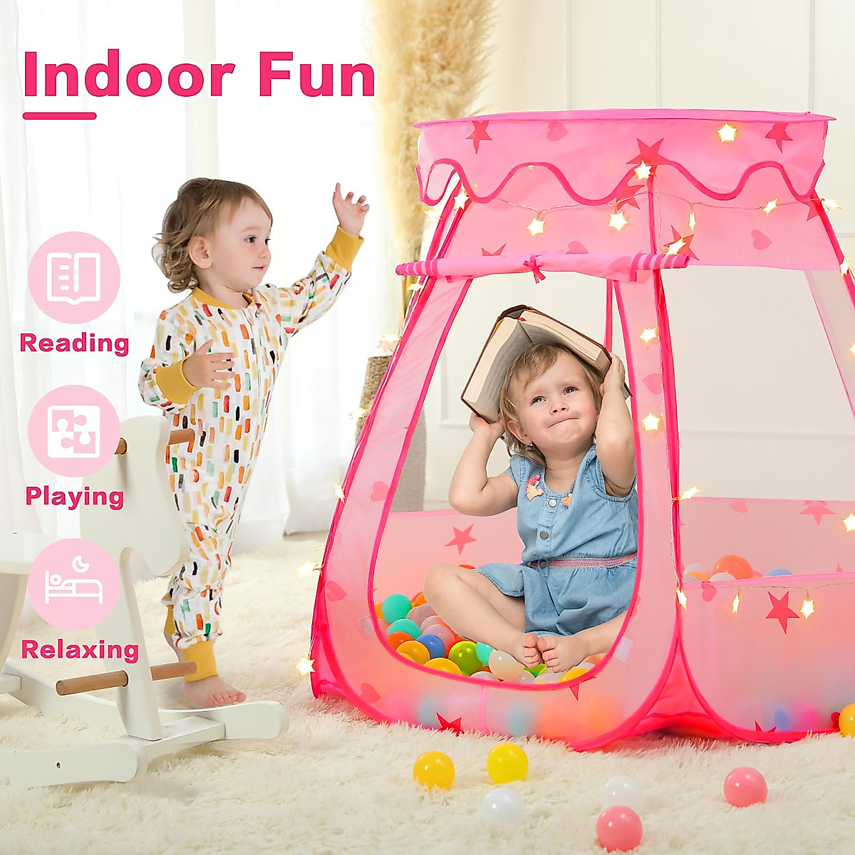 Baby Ball Pit for Toddler: with Star Lights - Pop Up Princess Play Tent for Kids - Indoor Outdoor Baby Girl Toys Birthday Gifts - NO Balls (Pink Tent)