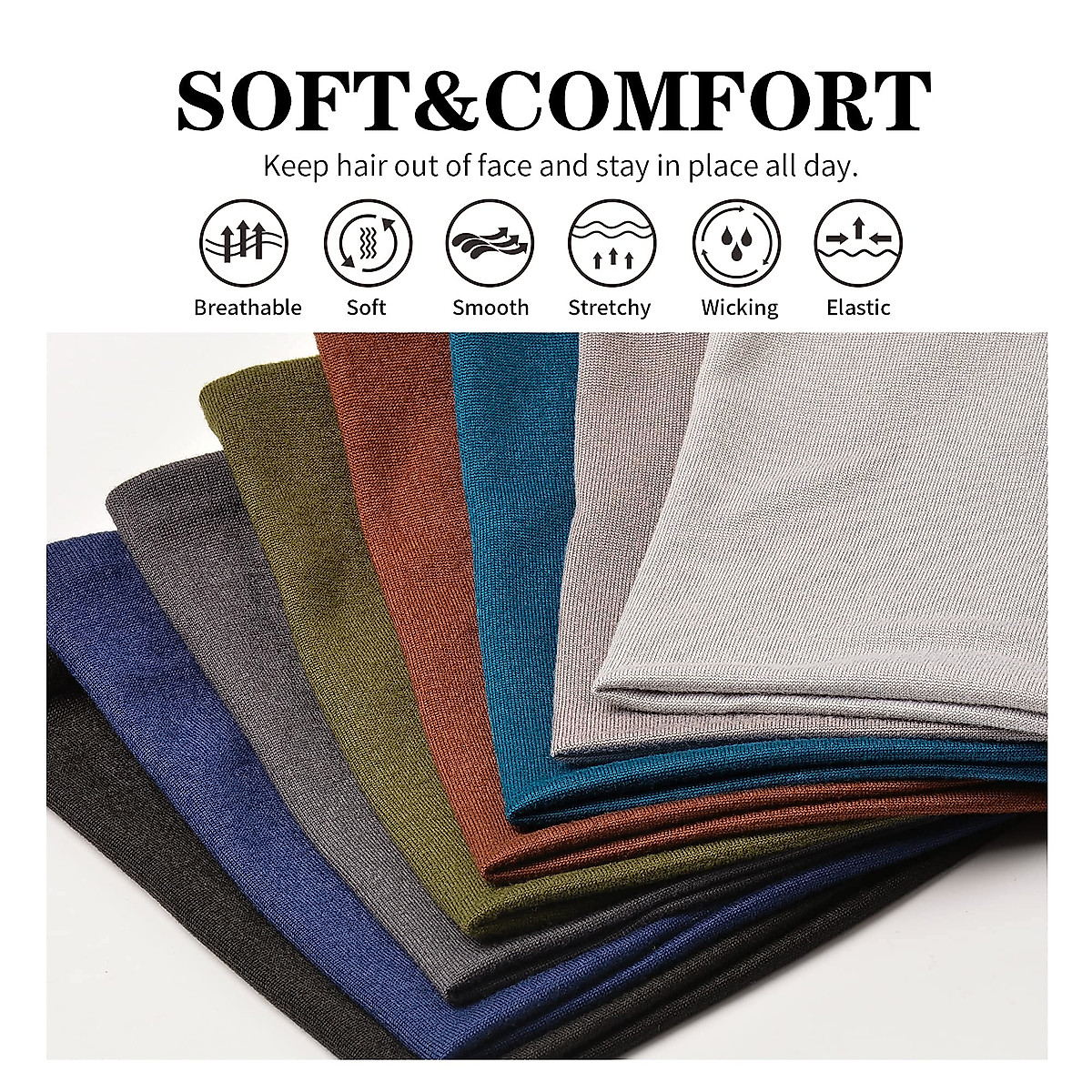 Jesries 8 PCS Sport Headbands for Men Workout Hair Band Athletic Sweatbands Non-Slip Moisture Wicking Unisex Head Bands for Running Cycling Training