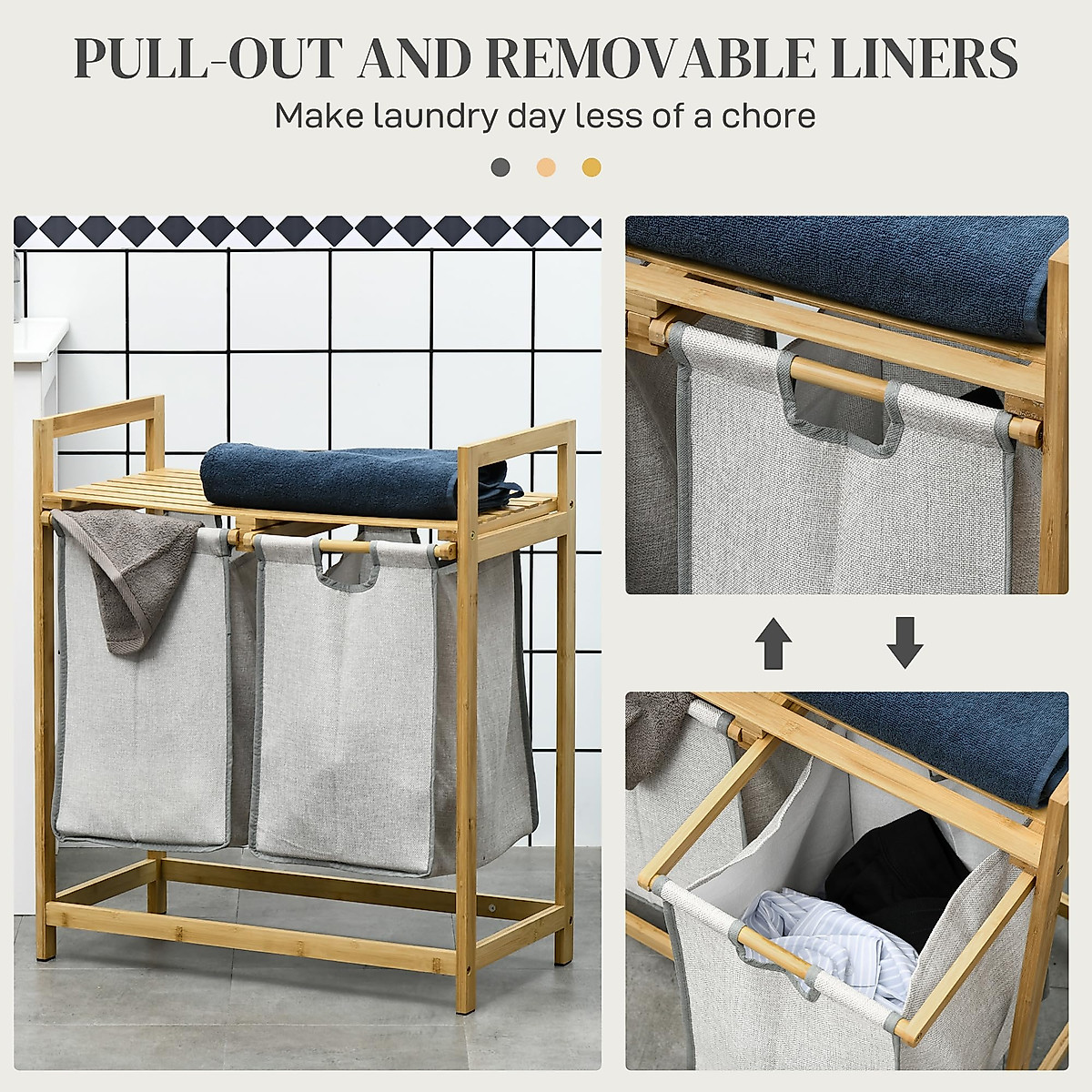 HOMCOM Double Laundry Hamper 2 Section Bamboo Laundry Basket with Storage Shelf 2 Pull-Out and Removable Bags for Bedroom Bathroom Laundry Room 2 x 10.7 Gallons Natural Wood and Dark Gray