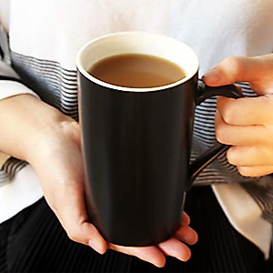 BPFY 16oz Set of 2 Ceramic Coffee Mug with Lid and Spoon, Milk Cup Classic Mug Drinking Cups for Tea, Coffee, Cocoa, Black and White Marriage or Couples (16oz)