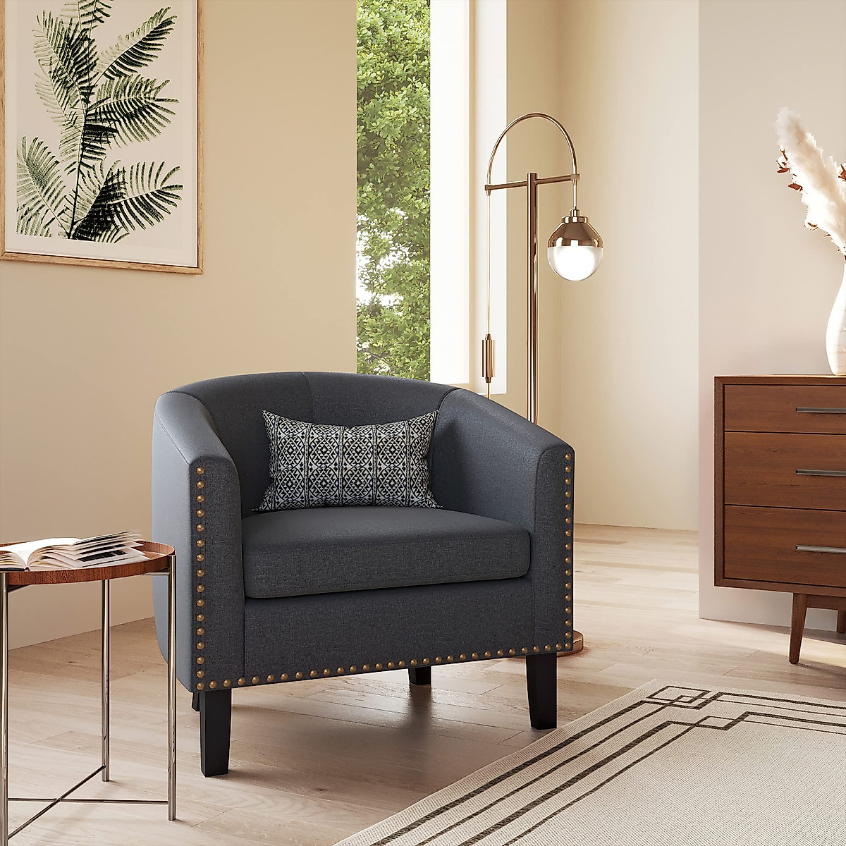 BELLEZE Accent Barrel Chair, Modern Tub Club Chair Upholstered Armchair for Living Room, Accent Chair with Gold Nail Head Trim Black Legs - Kyara (Gray/Linen)