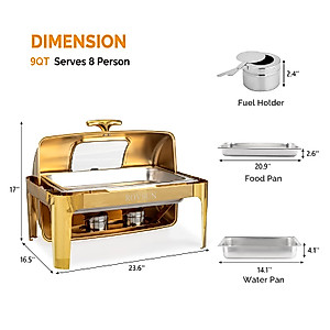 ROVSUN 9QT Roll Top Chafing Dish Buffet Set,Rectangular NSF Stainless Steel Buffet Warmer Chafers and Buffet Warmers Sets with Thick Frame for Catering Events Parties Weddings Dinners,Gold