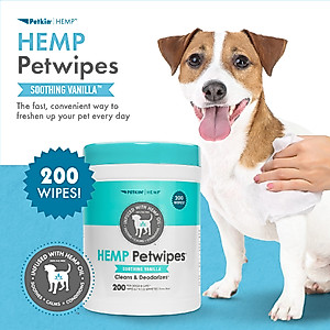 Petkin Hemp Pet Wipes for Dogs and Cats - with Hemp Oil & Soothing Vanilla Scent, 200 Count - Soothes, Calms & Conditions - Wipes for Pet's Face, Eyes and Body - for Home or Travel