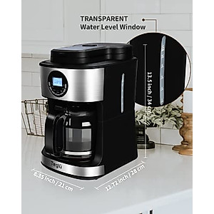 Teglu Coffee Maker with Grinder 12-Cup, Grind and Brew Coffee Machine Programmable with Warming Plate, Automatic Drip Coffee Pot with 60 oz BPA Free Glass Carafe, Black, 950W