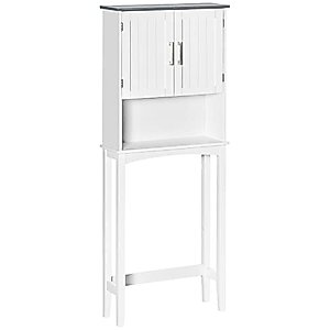 kleankin Modern Over The Toilet Storage Cabinet, Double Door Over Toilet Bathroom Organizer with Adjustable Shelf and Open Shelf, Grey