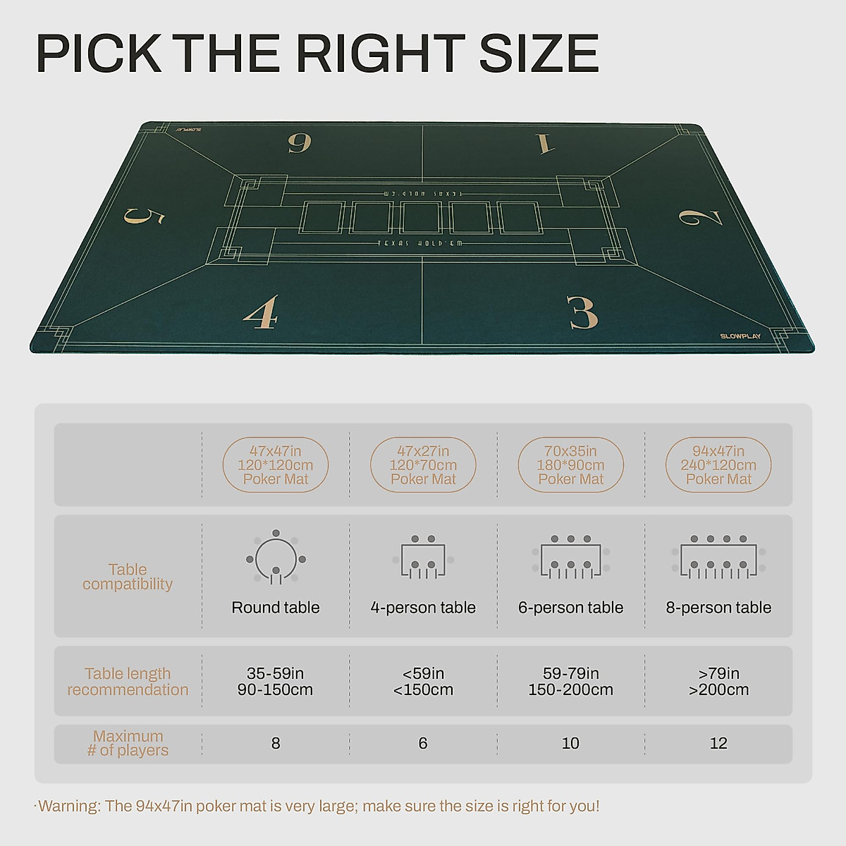 SLOWPLAY 70 x 35 Inch Texas Hold'em Poker Mat | Portable Poker Table Top with Art Deco Layout Print, Hemmed Edges, Smooth Surface, and Premium Carrying Bag for Games Everywhere