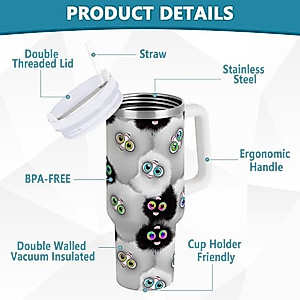RPLIFE Cute Fun Vivid Black White Creatures 40oz Tumbler with Handle, Stainless Steel Water Bottle with Straw, Coffee Tumbler