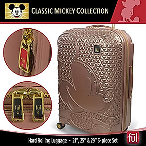 FUL Disney Mickey Mouse 3 Piece Rolling Luggage Set, Hardside Suitcase with Spinner Wheels, 21 Inch, 25 Inch and 29 Inch, Rose Gold