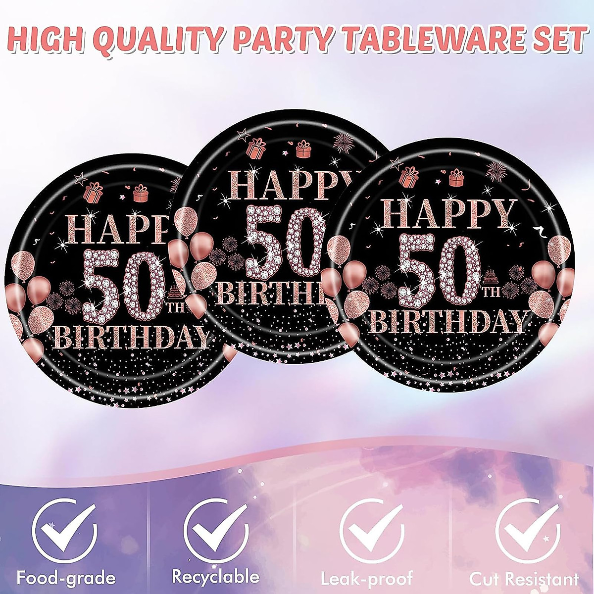 Black Rose Gold Birthday Party Supplies,Disposable Party Tableware Sets - 50 Years Paper Plates,Napkins,Plastic Forks Knives,Tablecloths,50th Birthday Decorations for Men,24 Guests